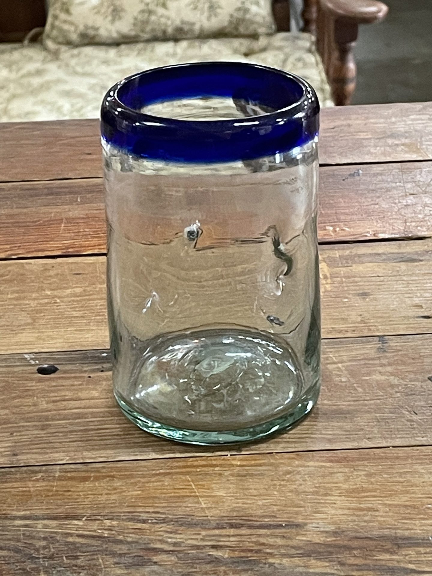 Handblown w/Blue Rim Drinking Glass - Picker Place