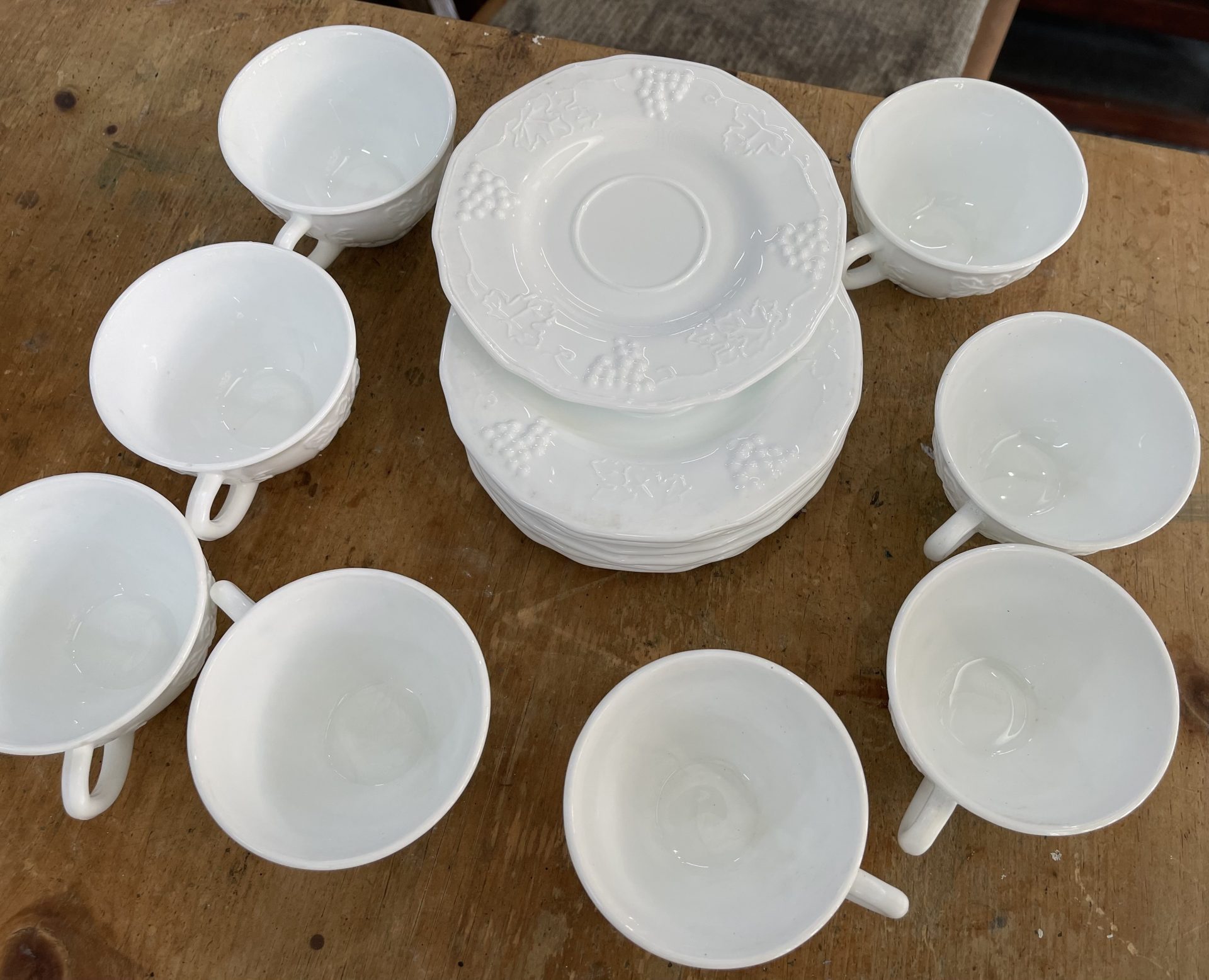 8 Milk Glass Teacups w/Saucers - Picker Place