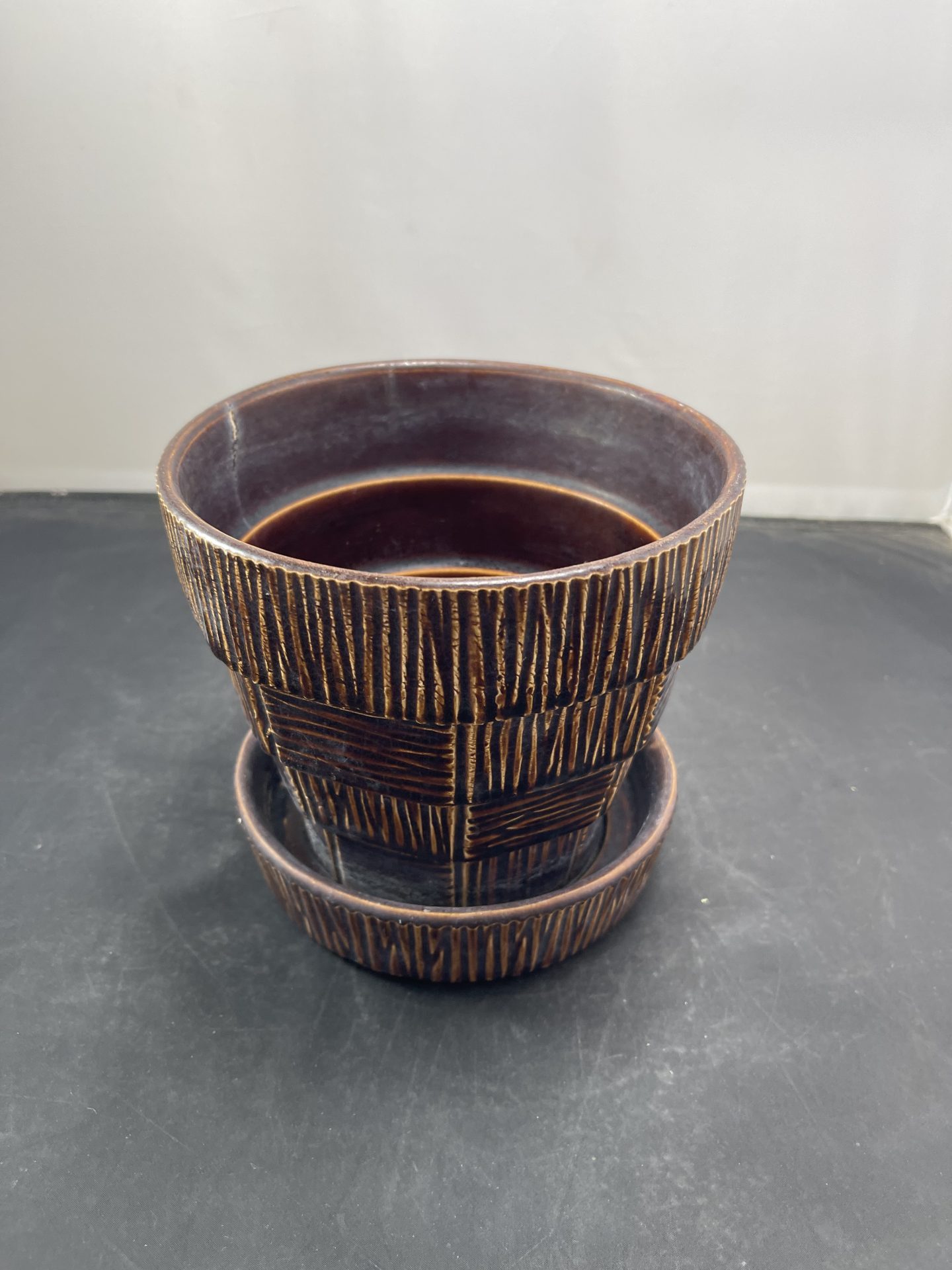 McCoy Brown Basket Weave Pot with Saucer - Picker Place
